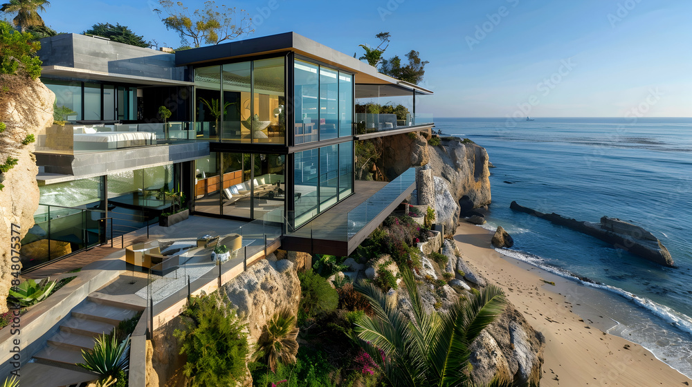 A coastal cliff retreat with a modern glass facade, designed across ...