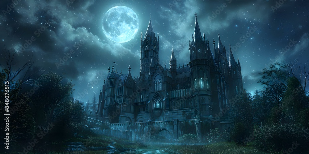 Medieval gothic castle in town at night under moonlit sky. Concept ...