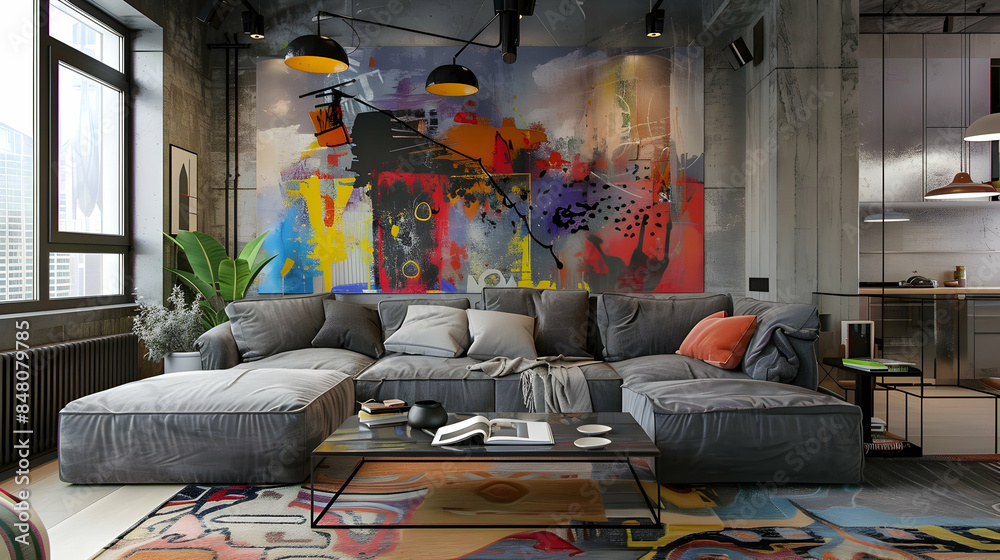A contemporary living room with a grey sectional and metal coffee table ...
