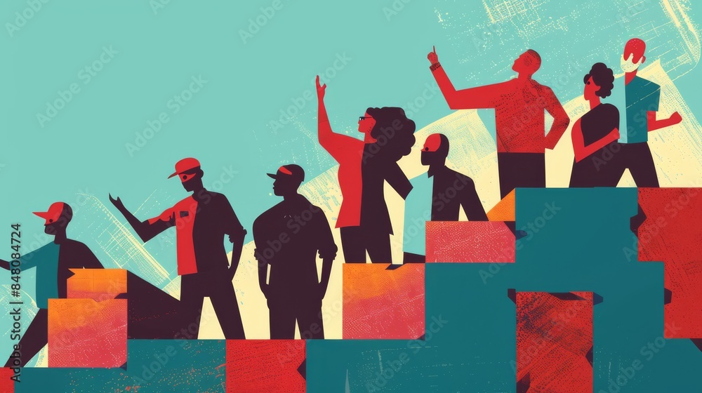 A poster showing a group of people joining force together looking ahead ...