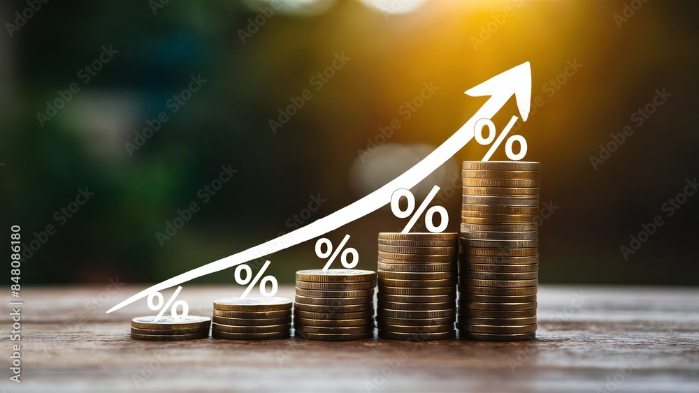 Coins money stacking with up arrow and percentage symbol for financial ...