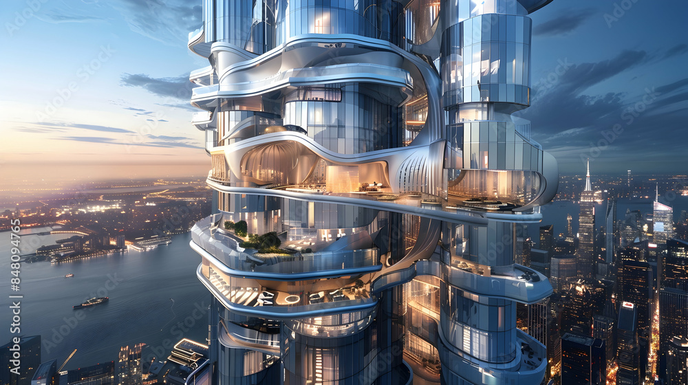 A futuristic skyscraper residence with a metallic facade, spanning ...