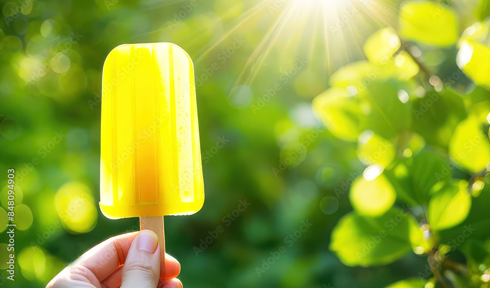 Hand holding yellow refreshing ice popsicle in bright sunlight on a ...