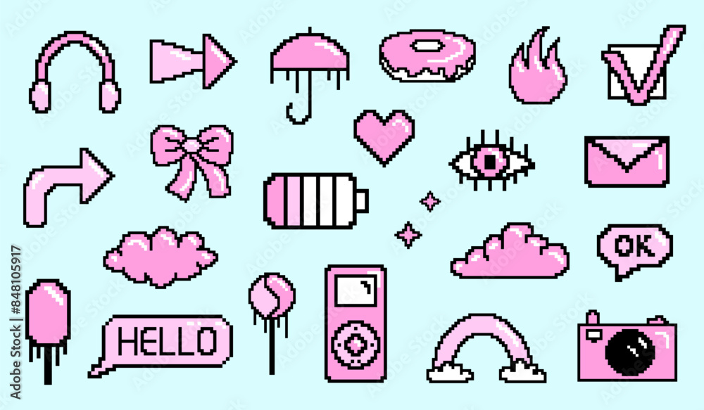 Girly cute pink element set, pixel art 8 bit. Game icons. Vector ...