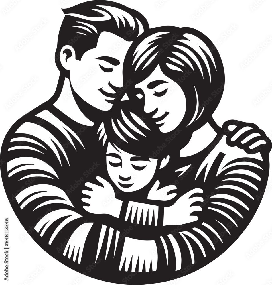 Parents Hug & Child Vector Illustration Silhouette. Love, friendship ...