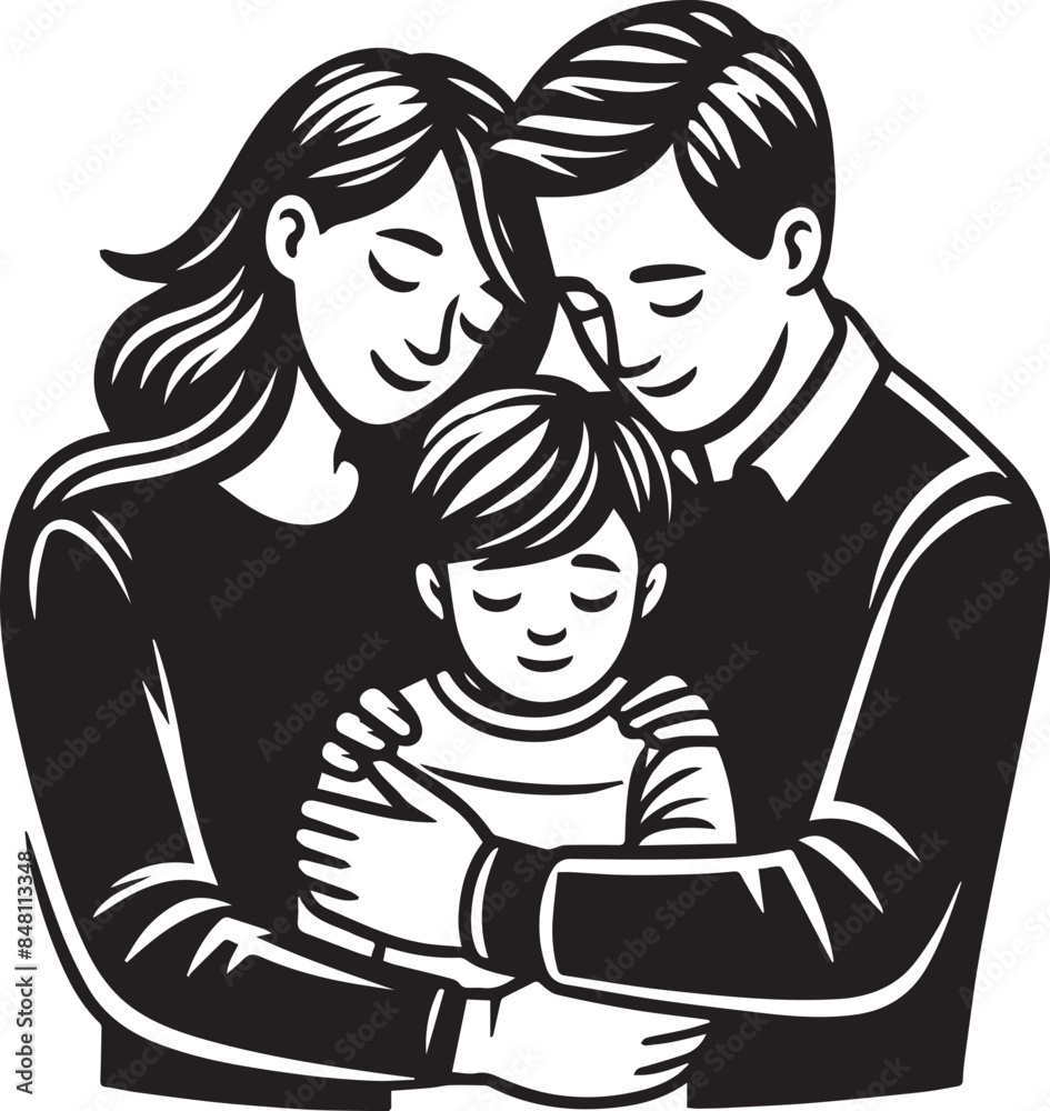 Parents Hug & Child Vector Illustration Silhouette. Love, friendship ...
