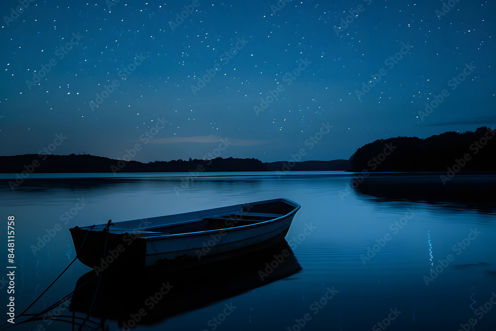 boat in middle of lake at night Stock Illustration | Adobe Stock