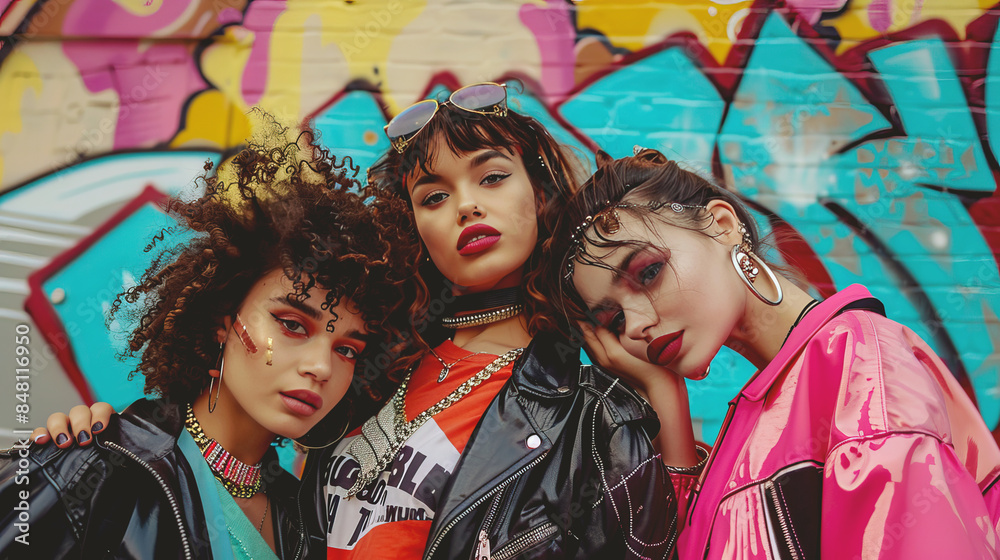 teenage women Three 80s fashionistas pose in front of a striking ...