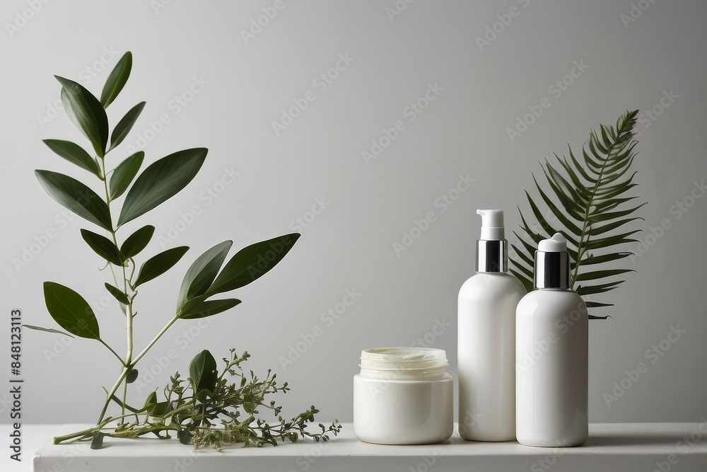Mock up of natural beauty products. White cosmetic bottles with green ...
