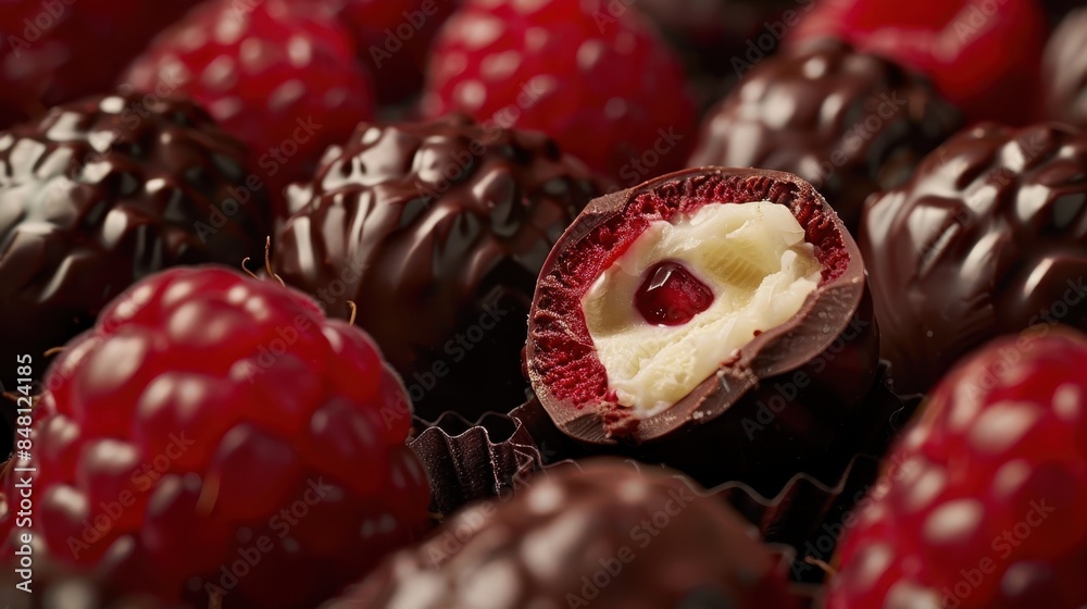Chocolate-covered raspberries with one raspberry split open, revealing ...