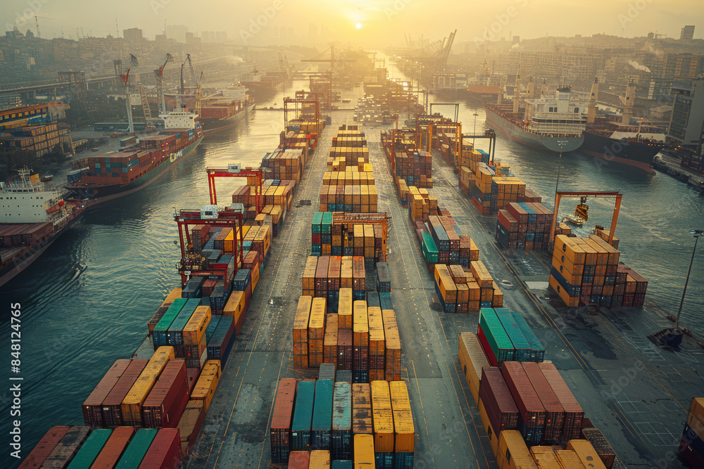 Aerial view of a busy port at dawn with container ships being loaded ...