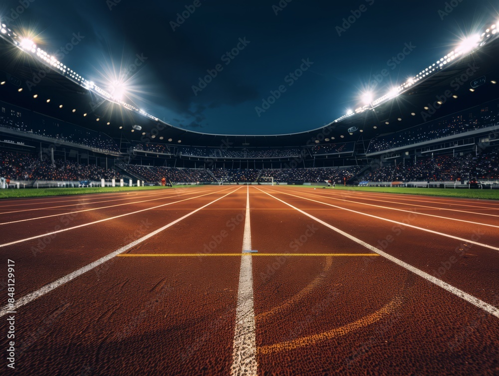 Track and field track in a big arena at night side profile wide angle ...
