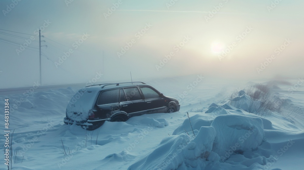 Car Stuck in Snowstorm with Poor Visibility for Winter Safety Campaigns ...