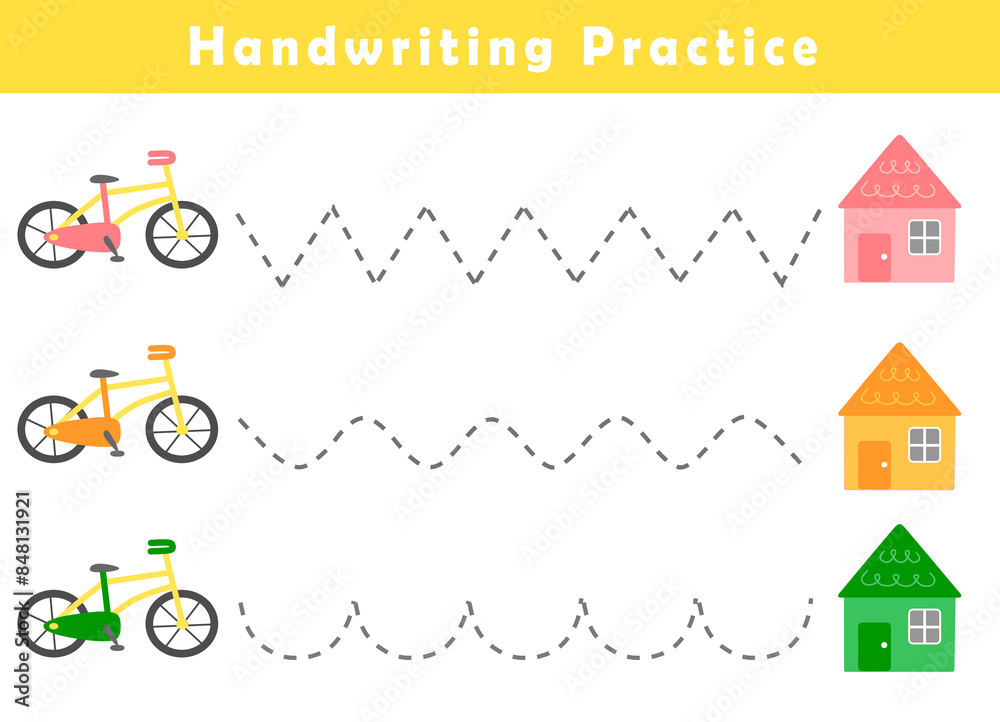 Handwriting practice sheet with cute bicycle illustration . Basic ...