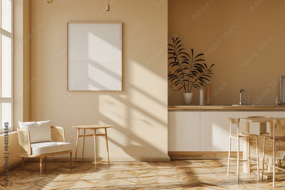 Mockup banner in beige studio interior with modern design zones Stock ...
