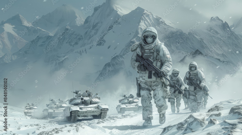 War scene in the snowy mountains, soldiers wearing white snow ...