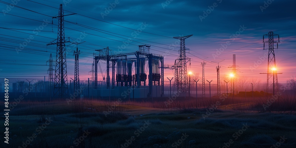 electrical substation with high voltage substation power lines and ...