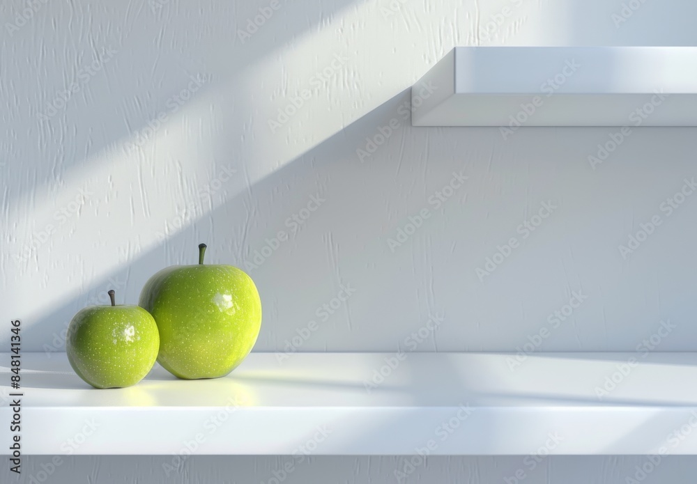 In a supermarket, a single green apple stands out on a white shelf ...