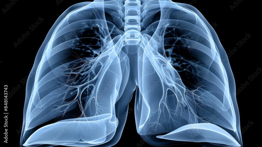Detailed x-ray image of the respiratory system, showcasing the trachea ...
