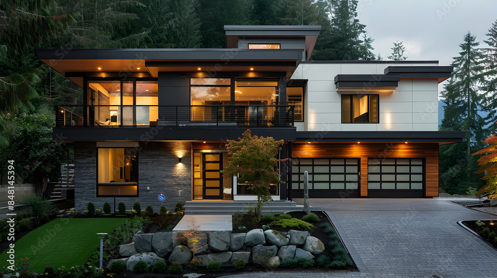 Modular home with a modern facade featuring mixed materials and ...