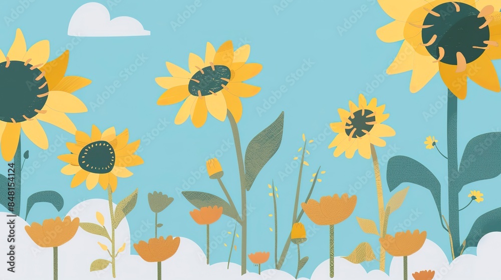 Sunflower art flat design side view garden theme cartoon drawing ...