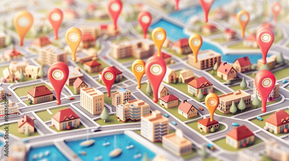 A city map with many red and orange pins on it. The map is a cartoonish ...