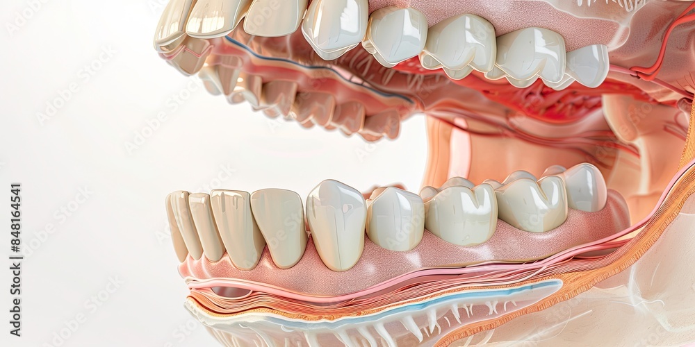 Detailed dental model showing upper and lower jaw with teeth and gums ...