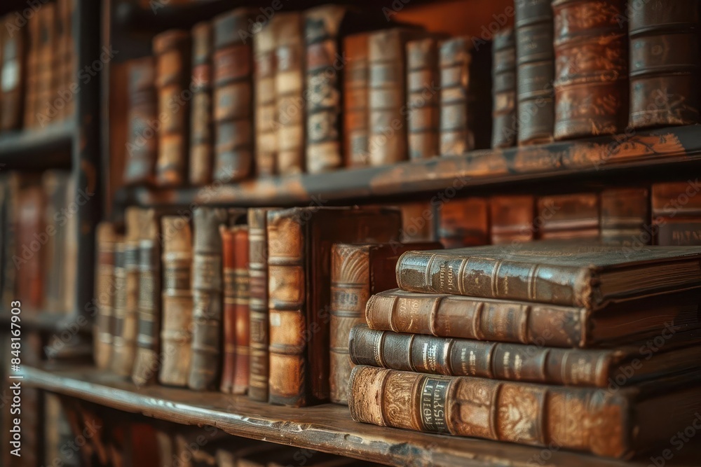 old books on wooden shelf in ancient library antique bookcase with ...