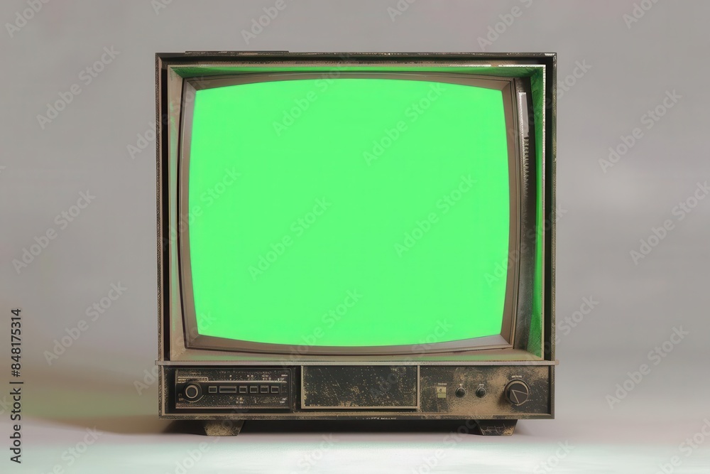 retro old tv with green screen isolated on white mockup for adding ...