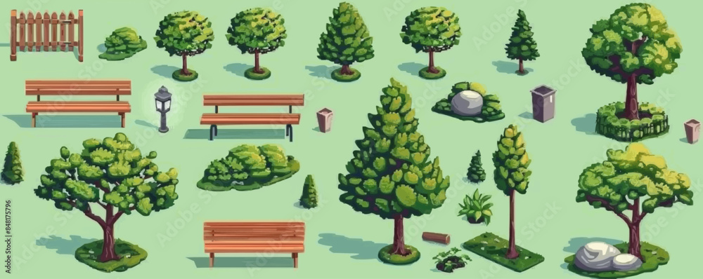 Green park isometric elements constructor mega set. Creator kit with flat graphic trees and ...