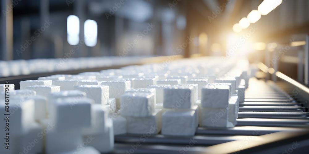 Packaged sugar packages moving along a conveyor belt, on the production ...