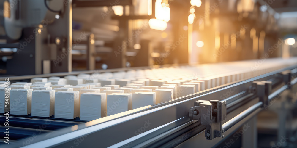 Packaged sugar packages moving along a conveyor belt, on the production ...