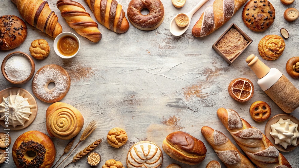 Delicious bakery items displayed in flat design top view with ...