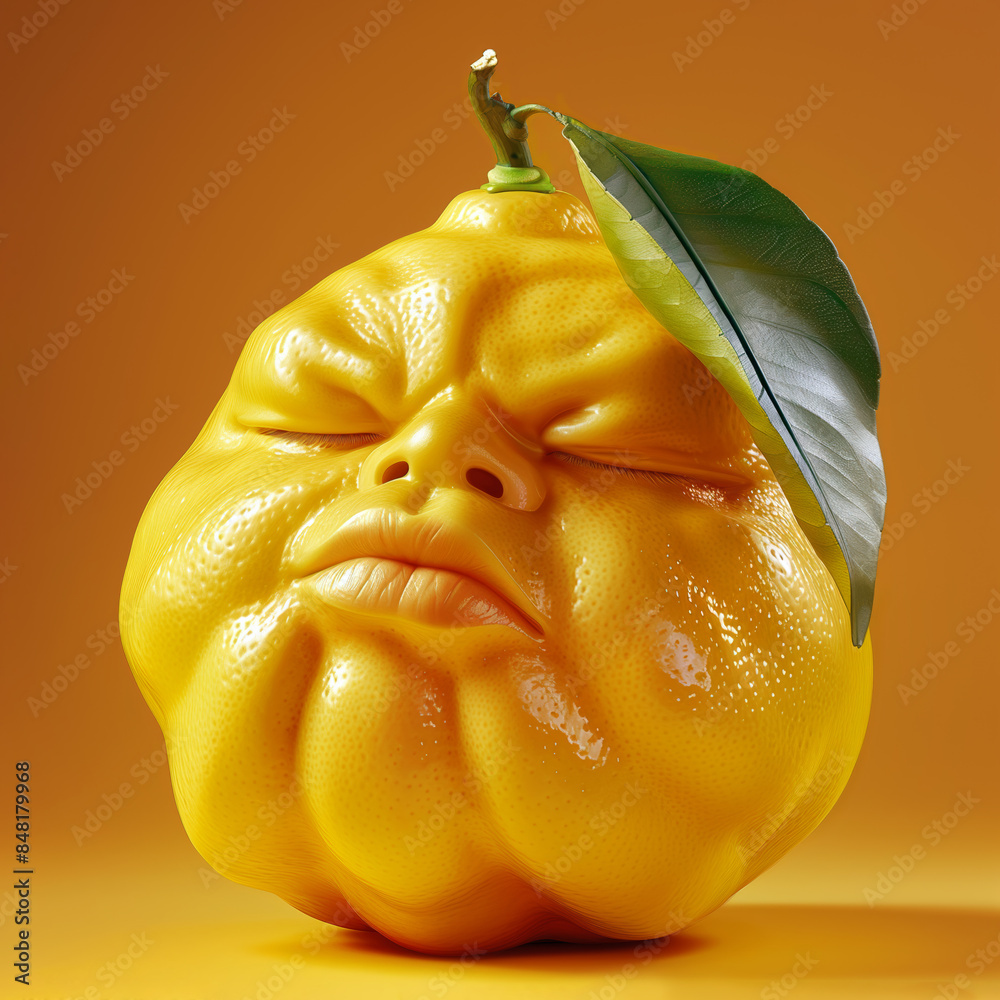 Lemon fruit with an arrogant human face, against an orange background ...