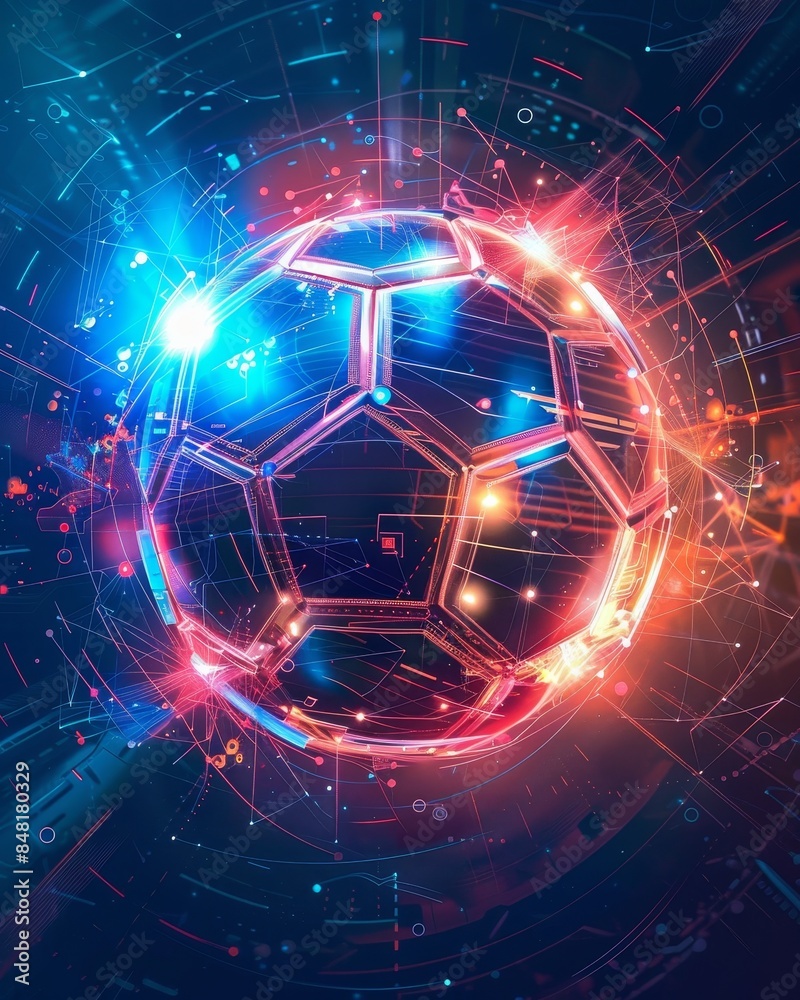 Futuristic glowing soccer ball with digital and neon effects, creating ...