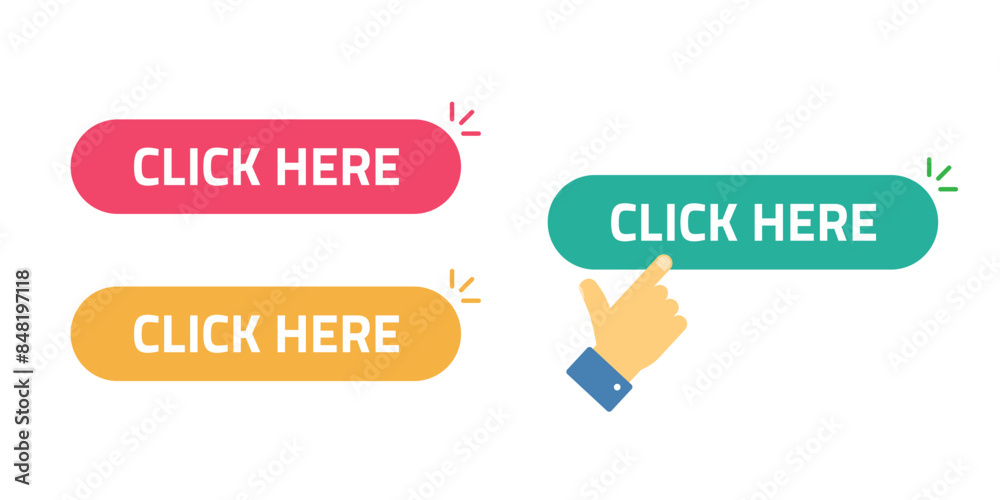 Click here button with hand cursor pointer icon vector flat cartoon set ...