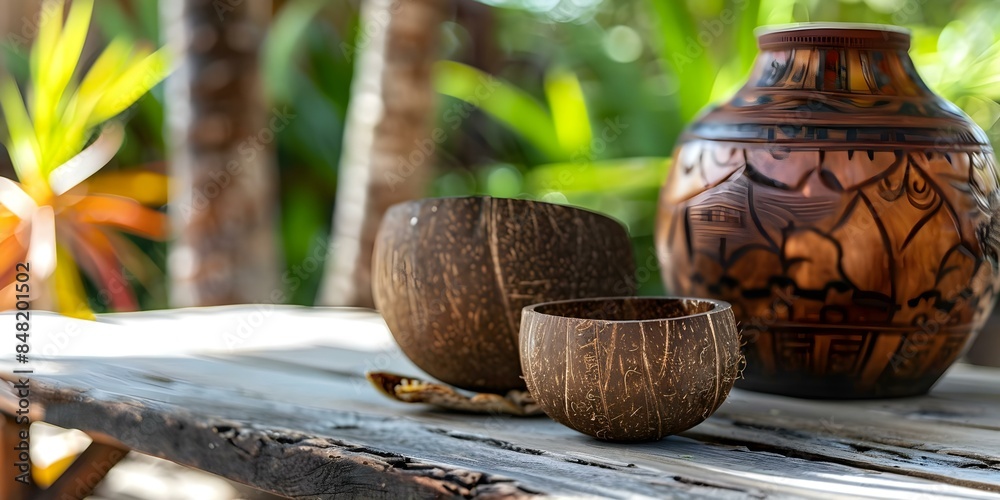 Vanuatu island scene featuring traditional kava bowl and coconut shell ...