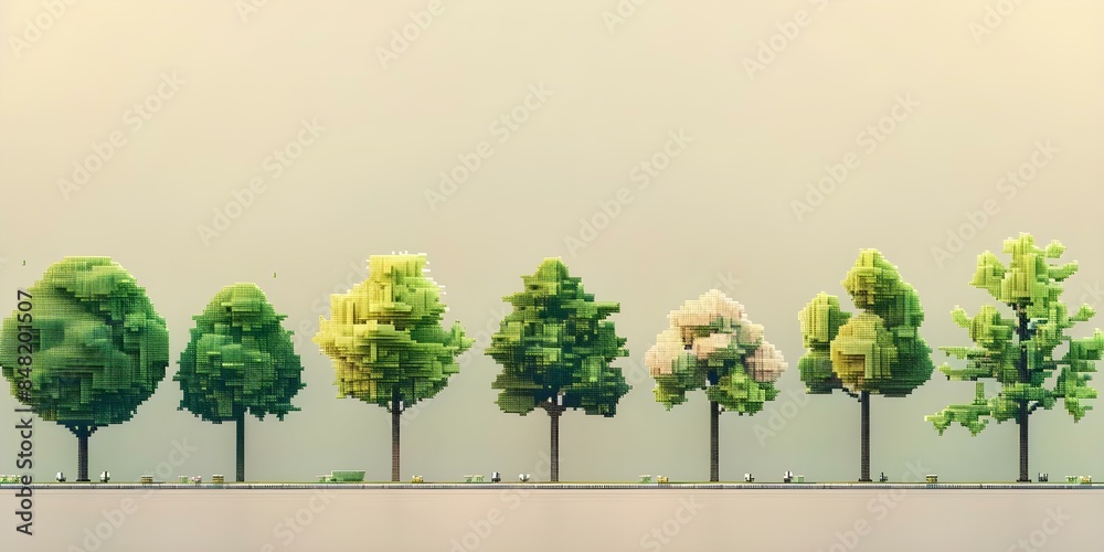 Collection of pixel art trees in different shapes and sizes for digital environments. Concept ...