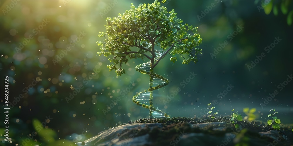 DNA metamorphosing into a tree of life, connecting beings through ...