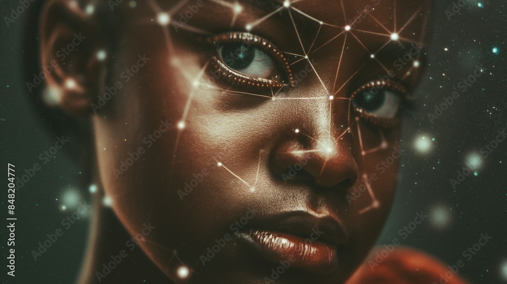 Close-up portrait of a female spirit guide with cosmic symbols on her ...