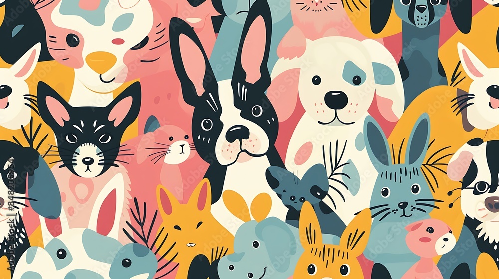 Friendly pet mammals like dogs, cats, and rabbits in a seamless pattern ...
