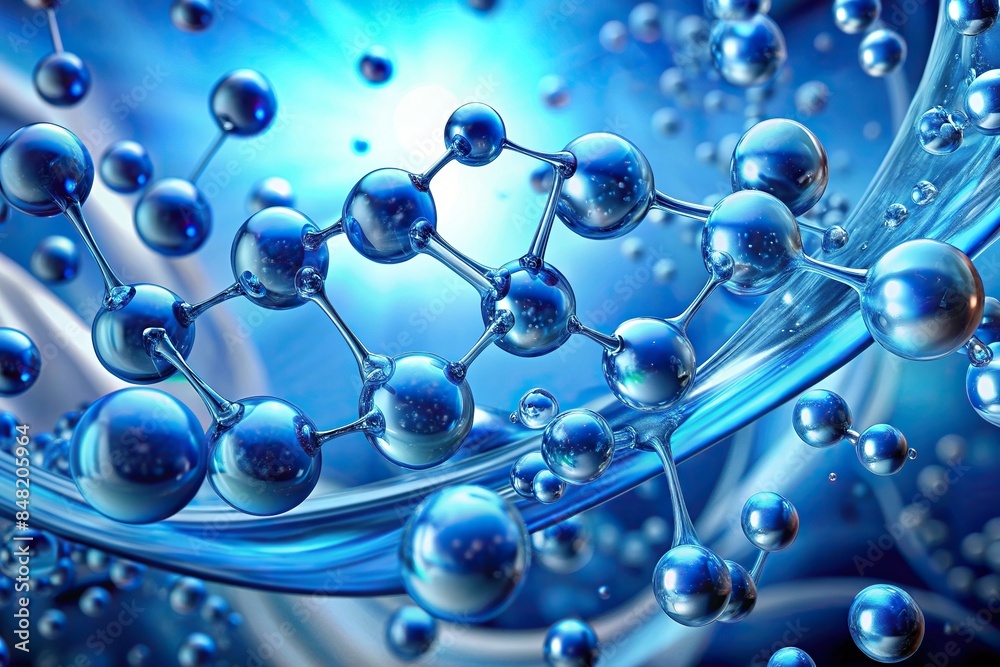 Blue molecule atoms floating on blue liquid serum background with water ...