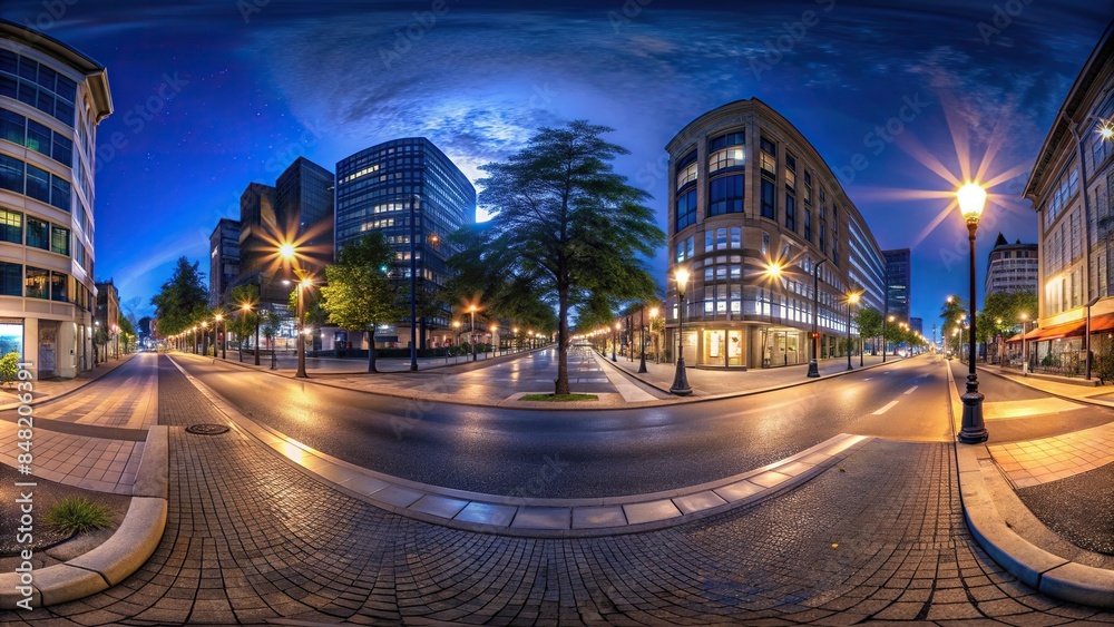 Night evening city street 360 degree HDRI map, city, street, night ...