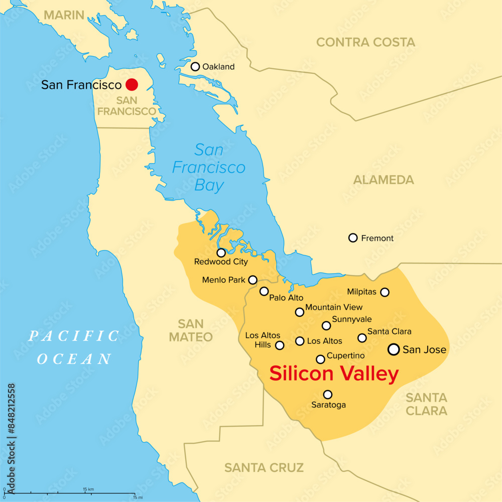 Silicon Valley, a region in Northern California, political map. Global ...