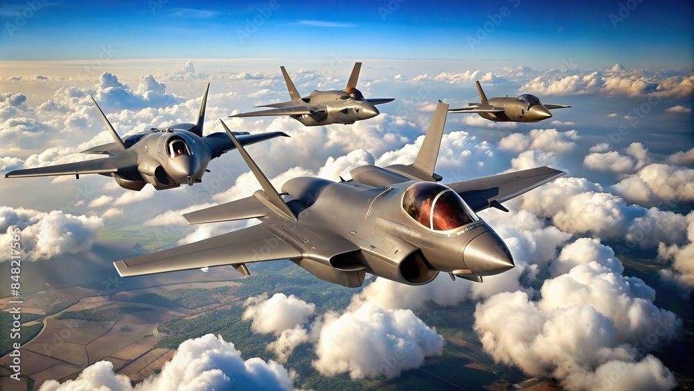 High-speed jet F35 fighters in precision formation, military, aviation ...