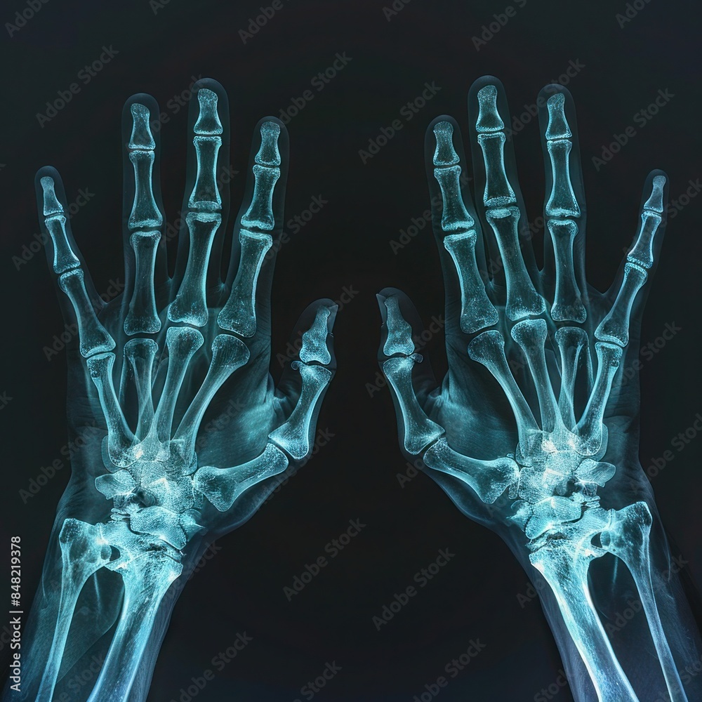 X-ray image of a human hand showing the bones of the wrist and fingers ...