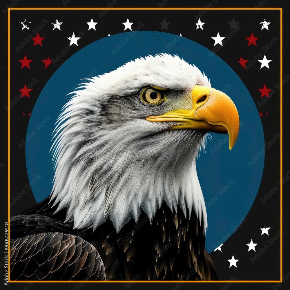 Bald Eagle with Red, White, and Blue, American Flag Banner with Stars ...