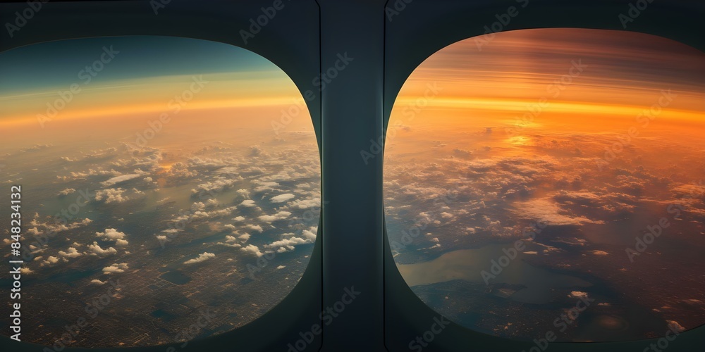 View of annular solar eclipse from airplane window above clouds ...