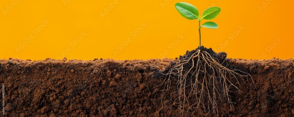 Green plant with roots underground against an orange background ...