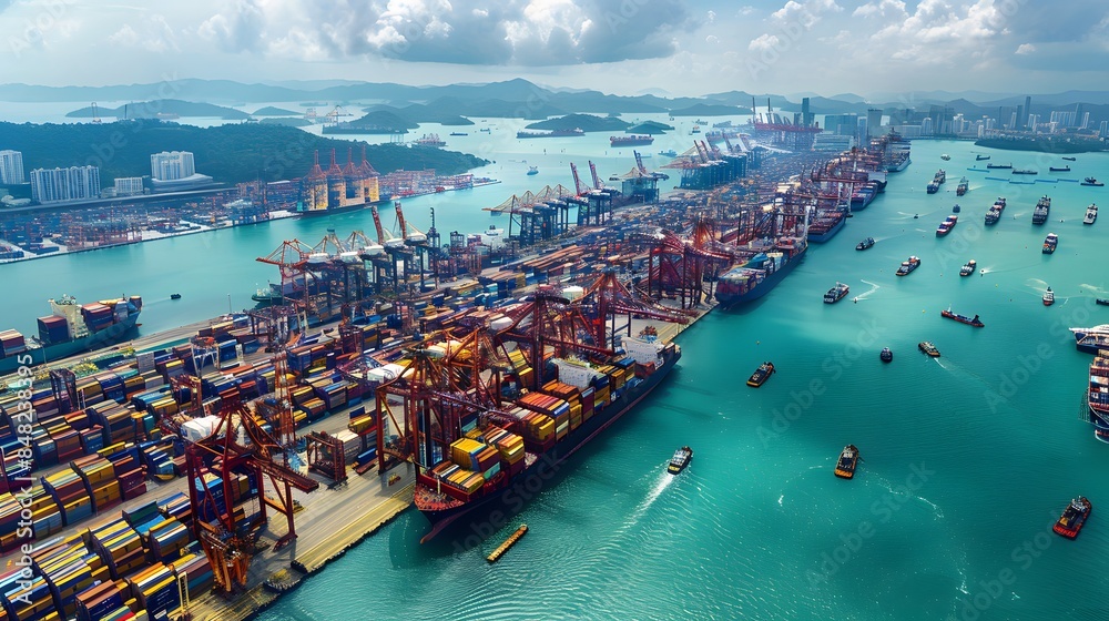 An aerial view of a bustling seaport with numerous cargo ships ...
